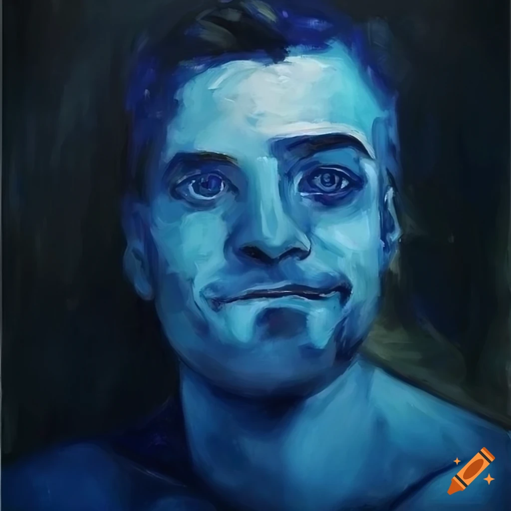 Blue monochromatic portrait of a slightly smiling person on Craiyon