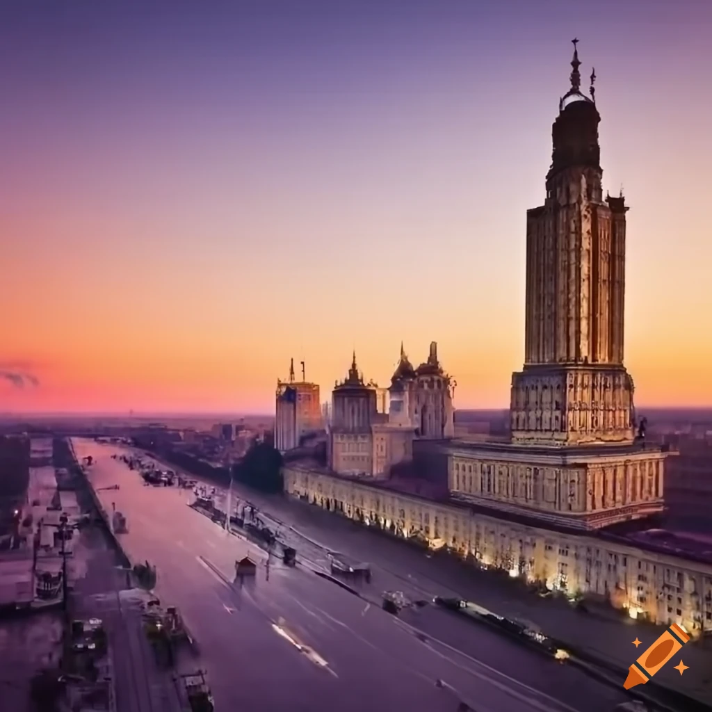 Soviet city skyline with art deco architecture at sunrise on Craiyon