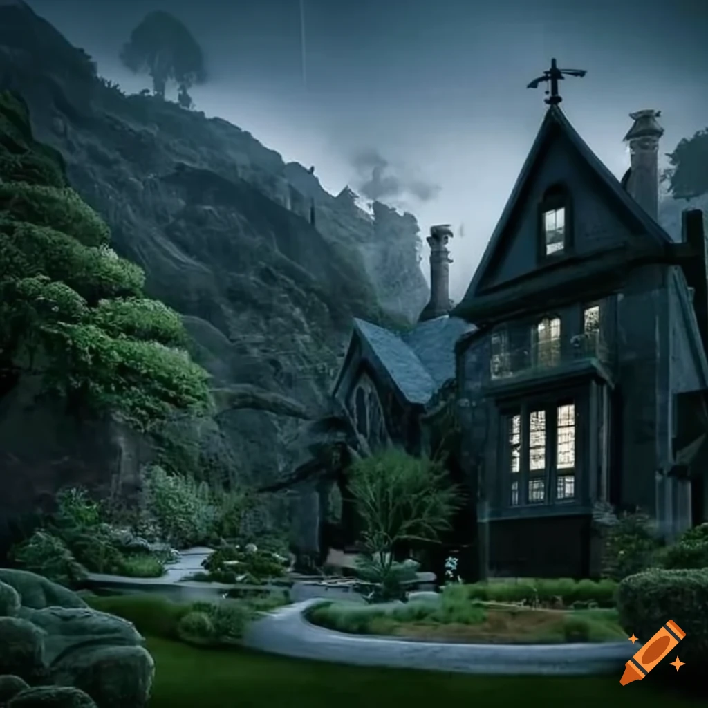 Gothic styled house and garden near cliffside on misshapen grounds on ...