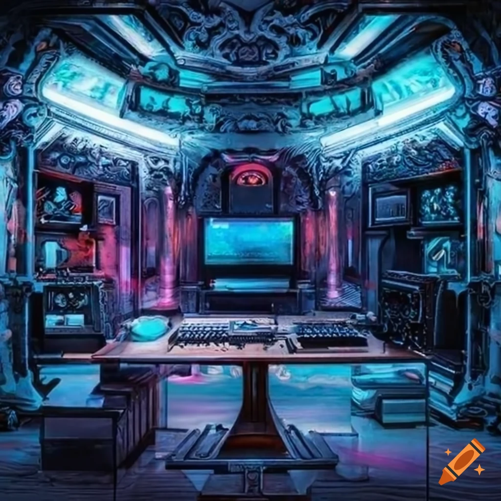 Mystical computer room with custom computers on ornate scifi desks on ...