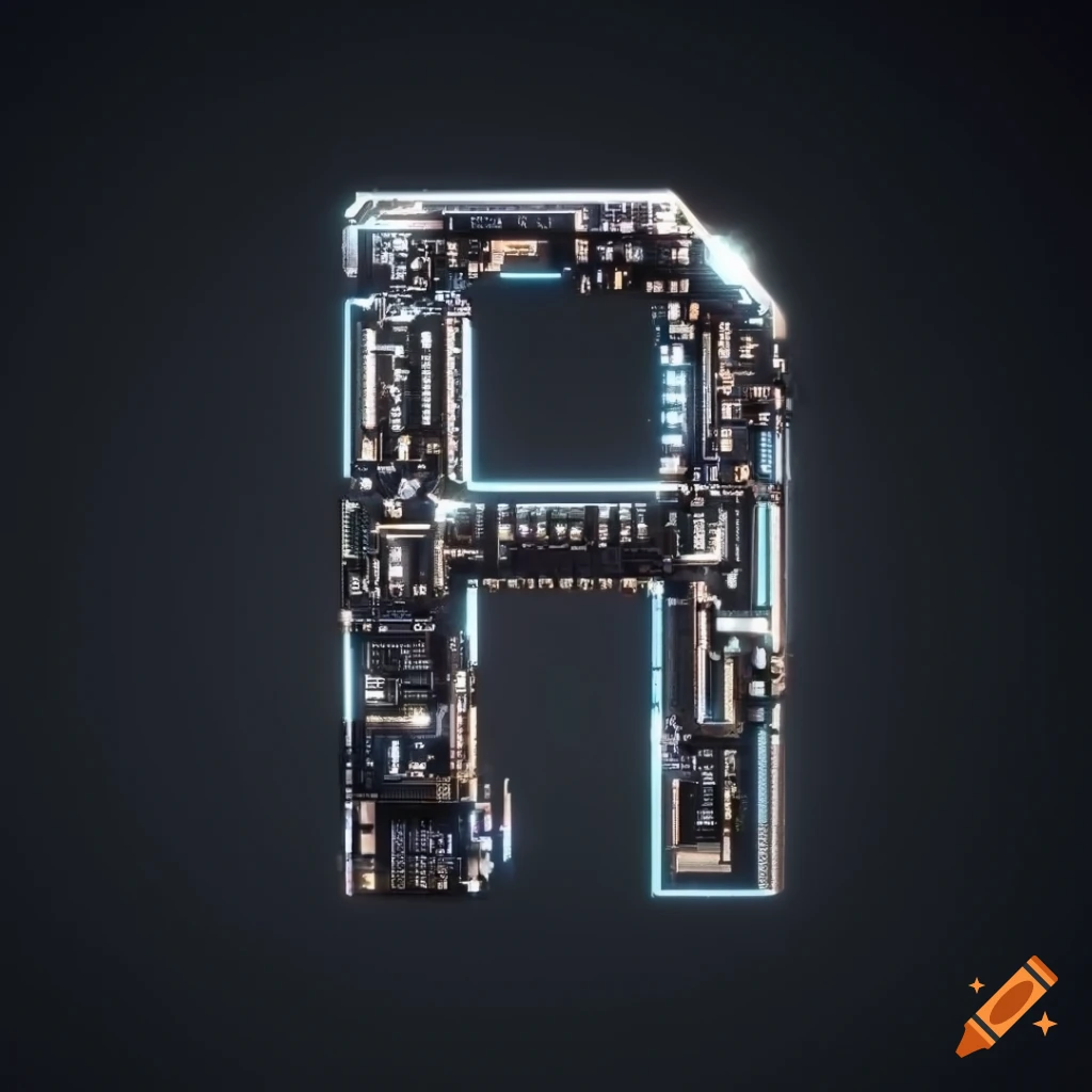 Futuristic chip-lined letter h on a mechanical background on Craiyon