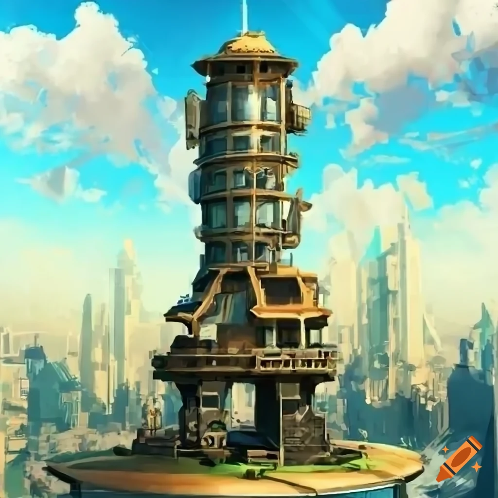 Steampunk tower exterior in a city concept art on Craiyon