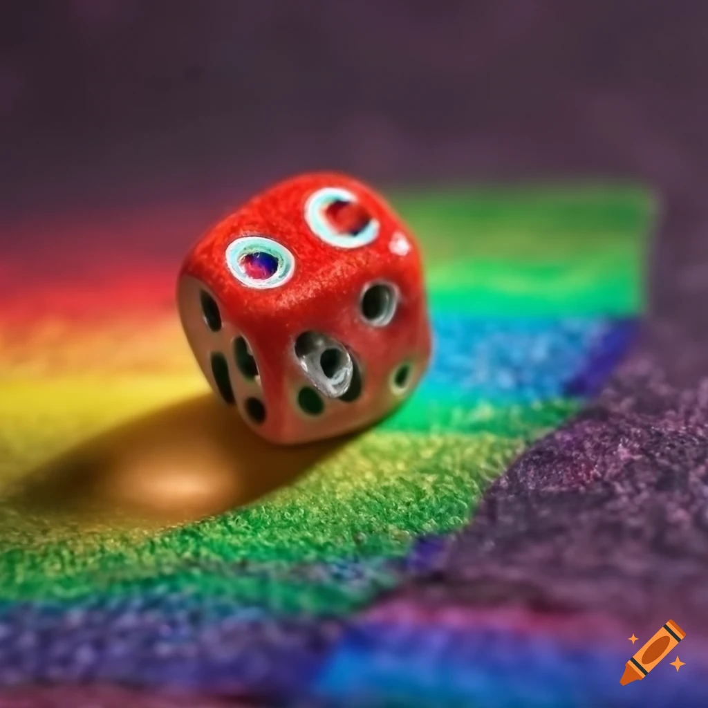 Vibrant rainbow colored dice on green felt gaming table on Craiyon