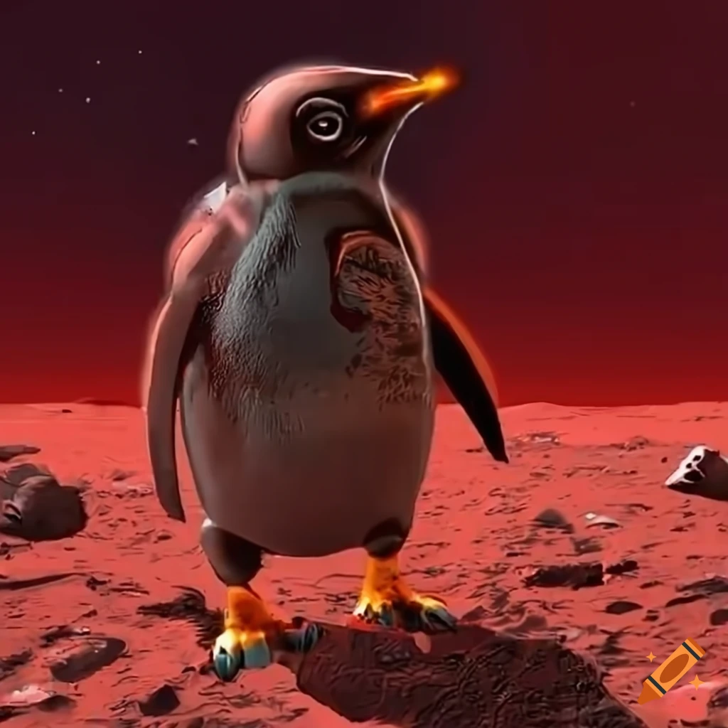 Cyberpunk penguin with a plasma gun on the rocky surface of mars on Craiyon