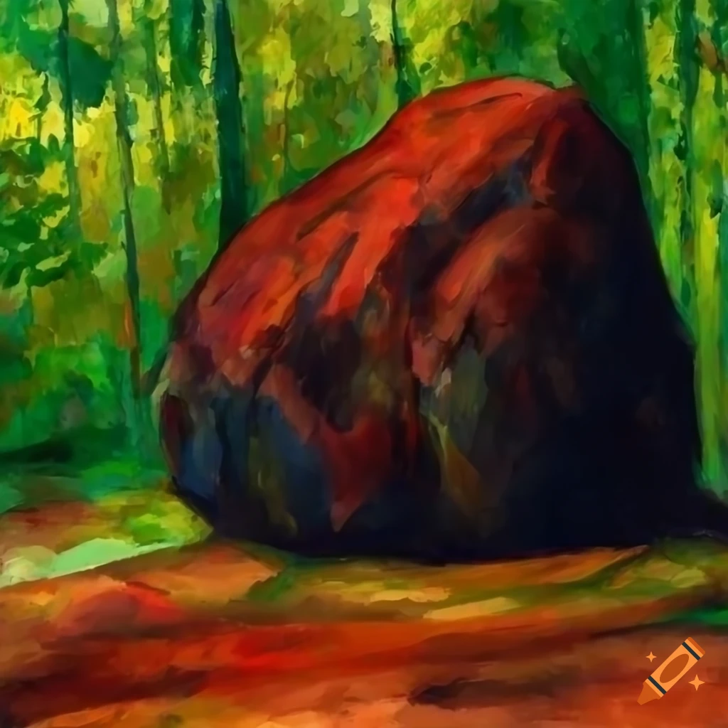 Large boulder with red moss in a cezanne-style forest painting on Craiyon