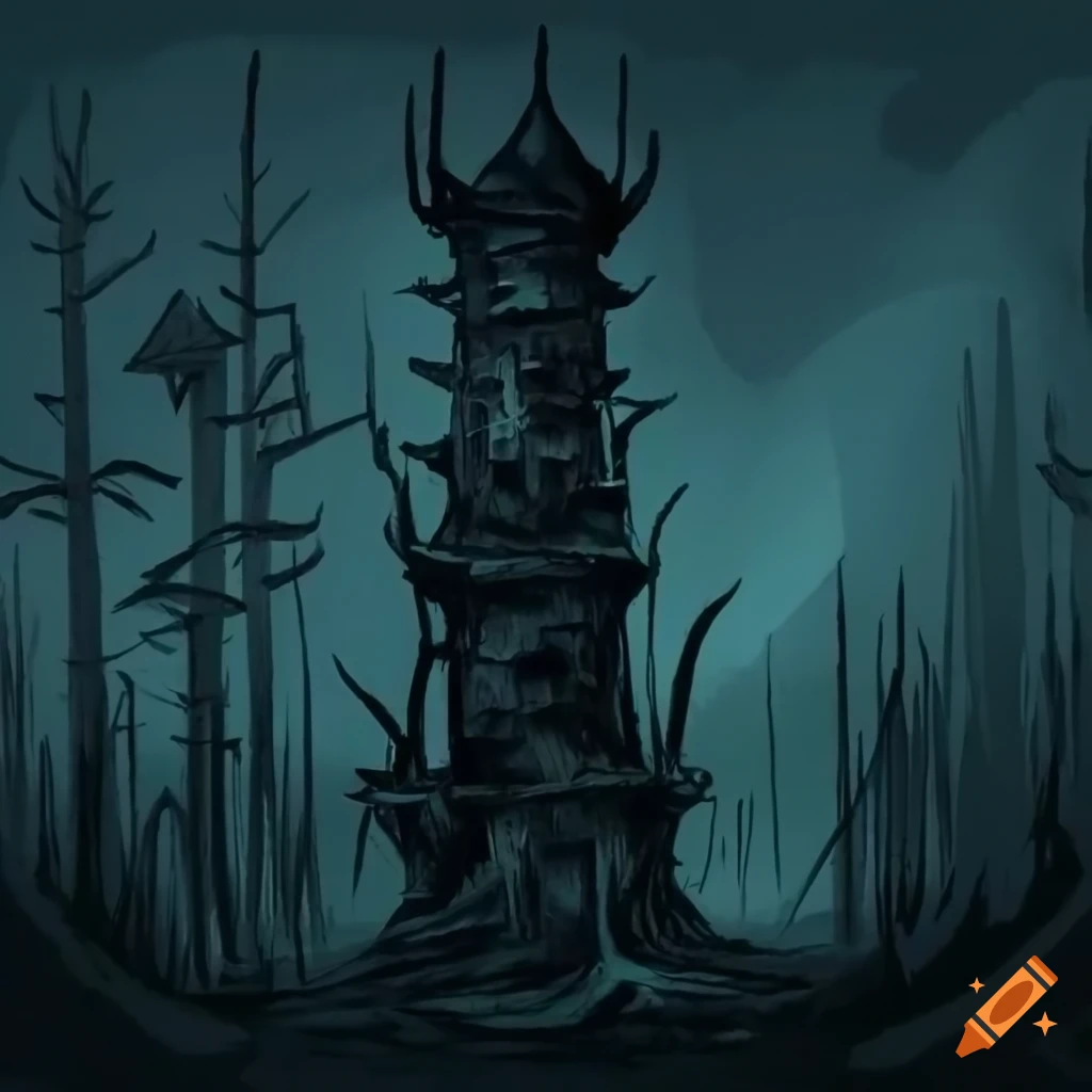 Dark evil tower surrounded by dead trees and swamp on Craiyon