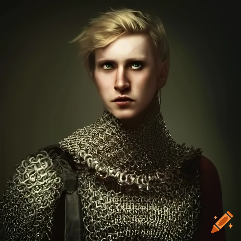 Blond man with green eyes holding a sword in chain mail armor on Craiyon