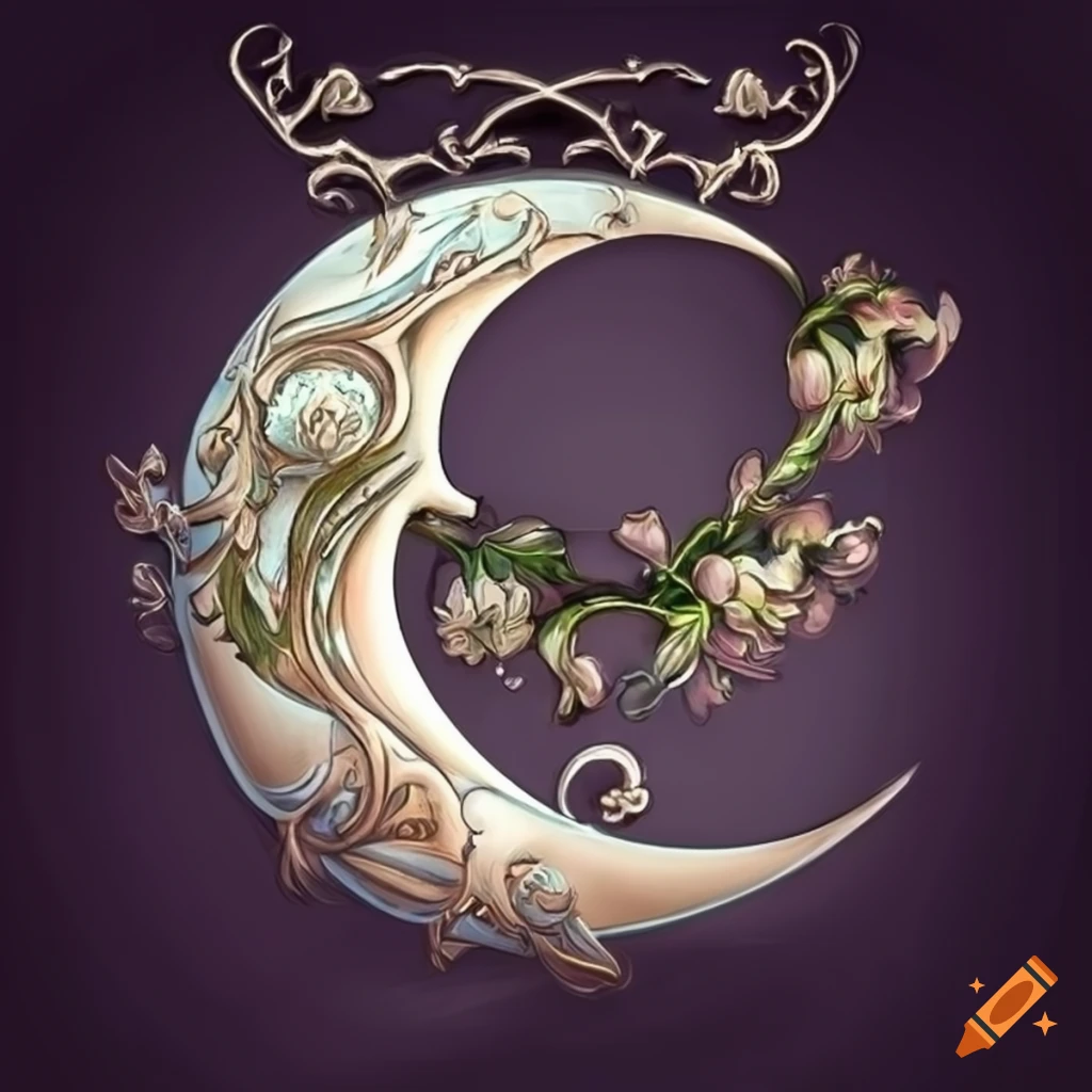 Silver moon emblem in art nouveau elven style with floral elements on ...