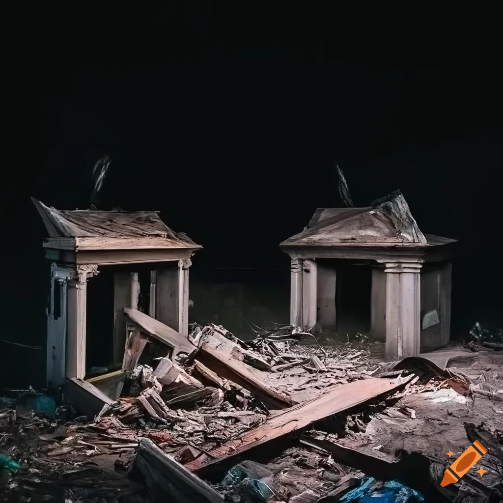 Destroyed altar in post-apocalyptic junk garbage web under soft colored ...