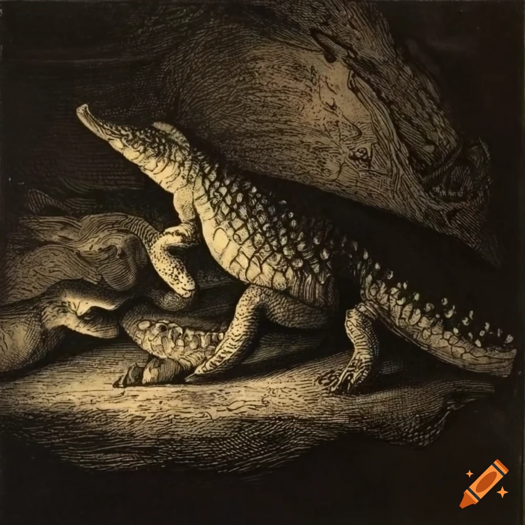 Etching print of chiaroscuro crocodiles in a cave on Craiyon