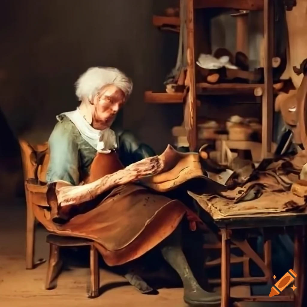 Shoemaker crafting shoes in his 1700s workshop on Craiyon