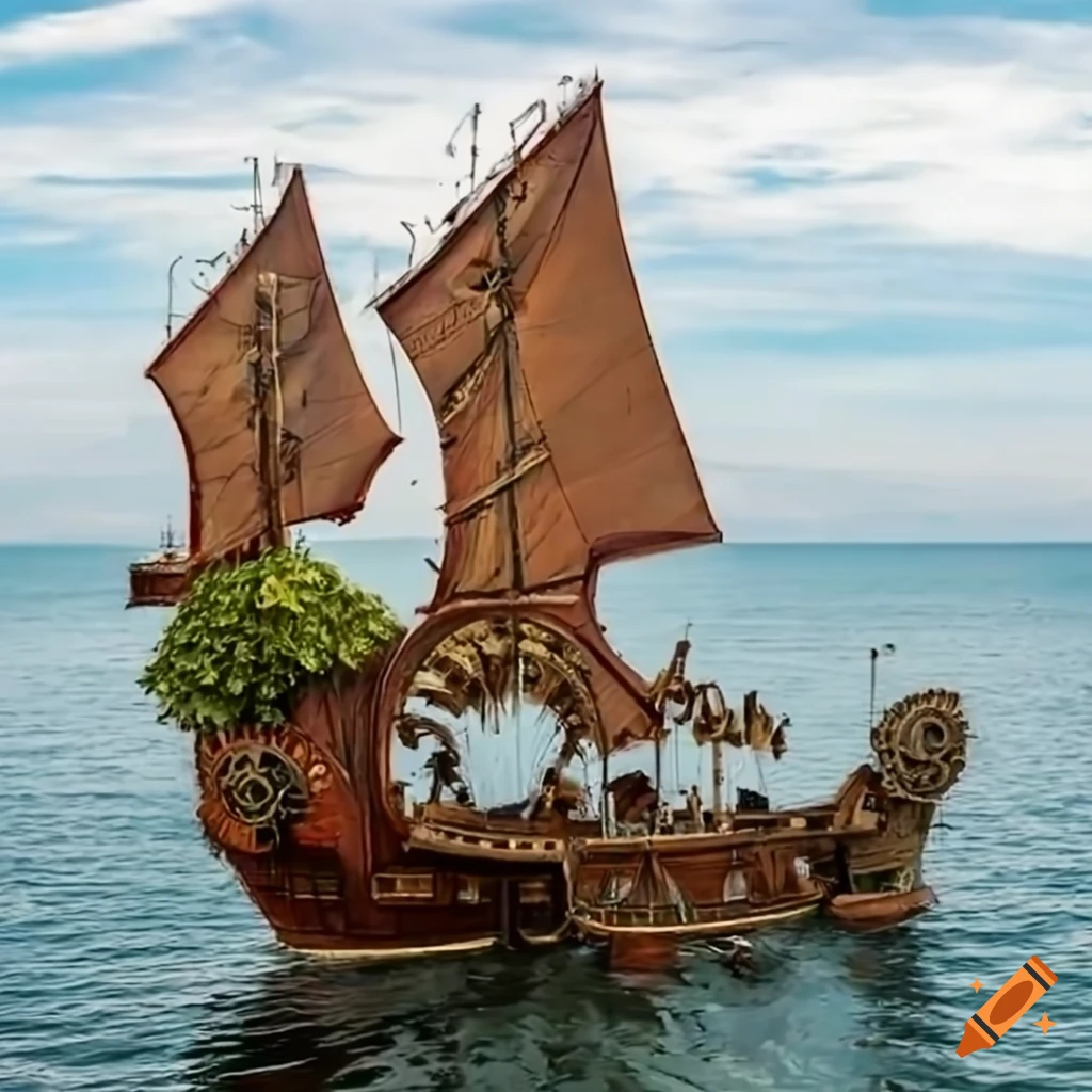 Steampunk sailing boat with lush vegetation and houses on deck on Craiyon