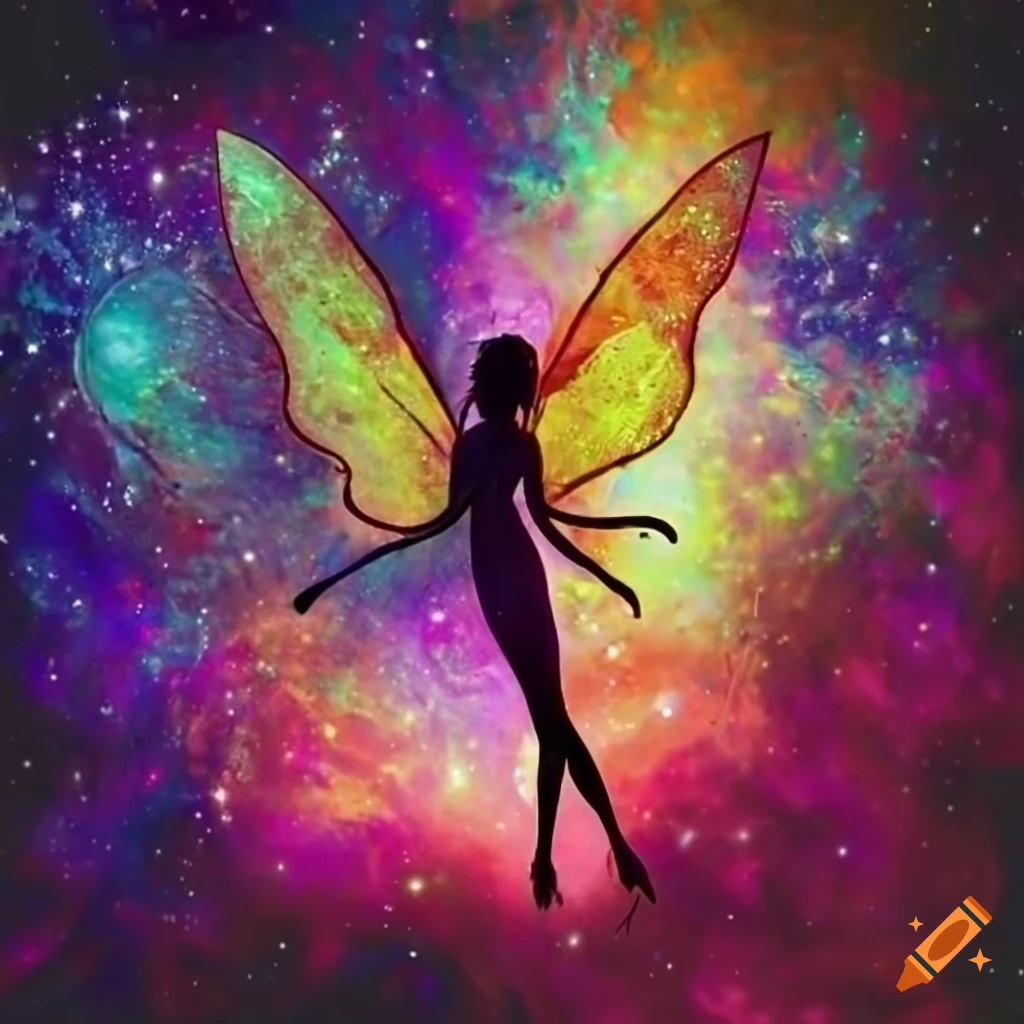 Silhouette fairy in colorful cosmic explosion on Craiyon