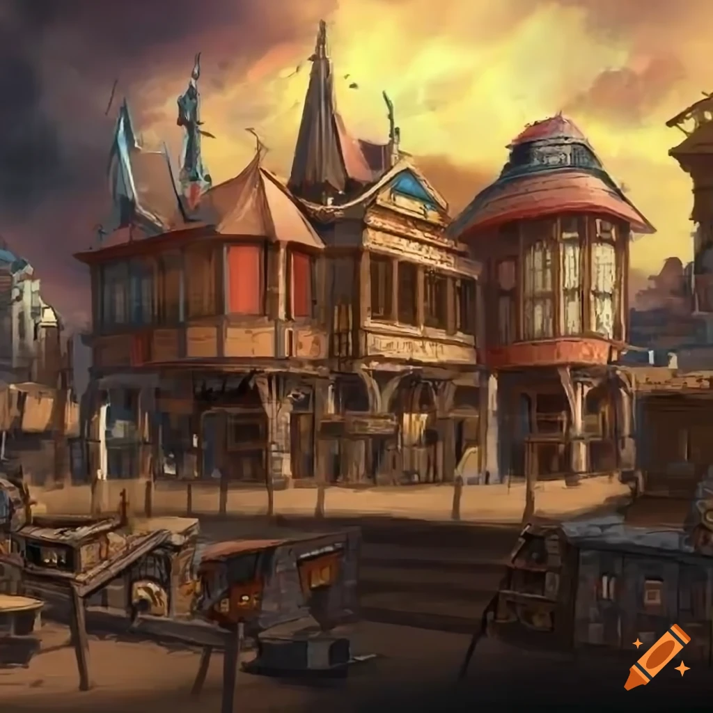 Steampunk tavern exterior in a city concept art on Craiyon