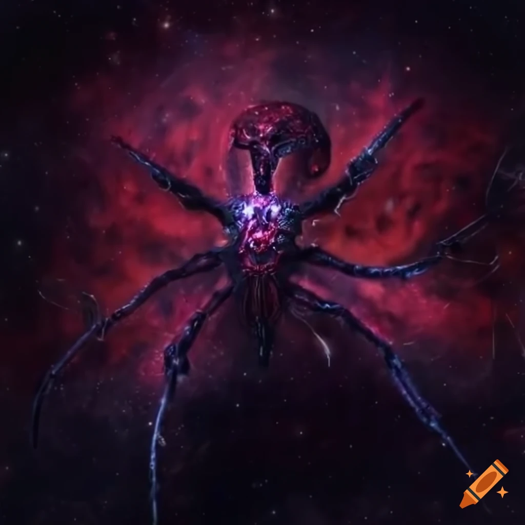 Crimson Voidweaver spider on a dark cosmic background with twelve legs ...