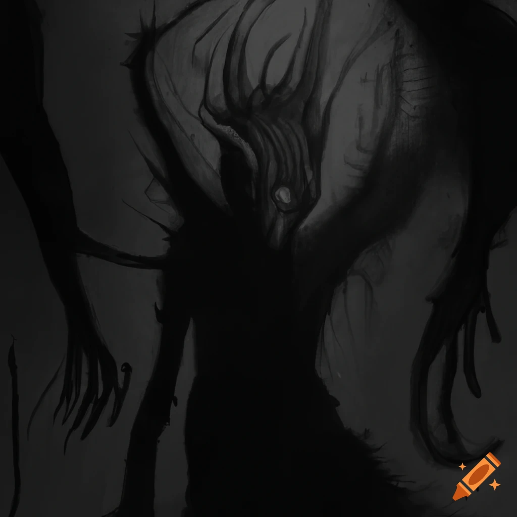 Tall, lanky shadow creature drawing in ink on paper on Craiyon