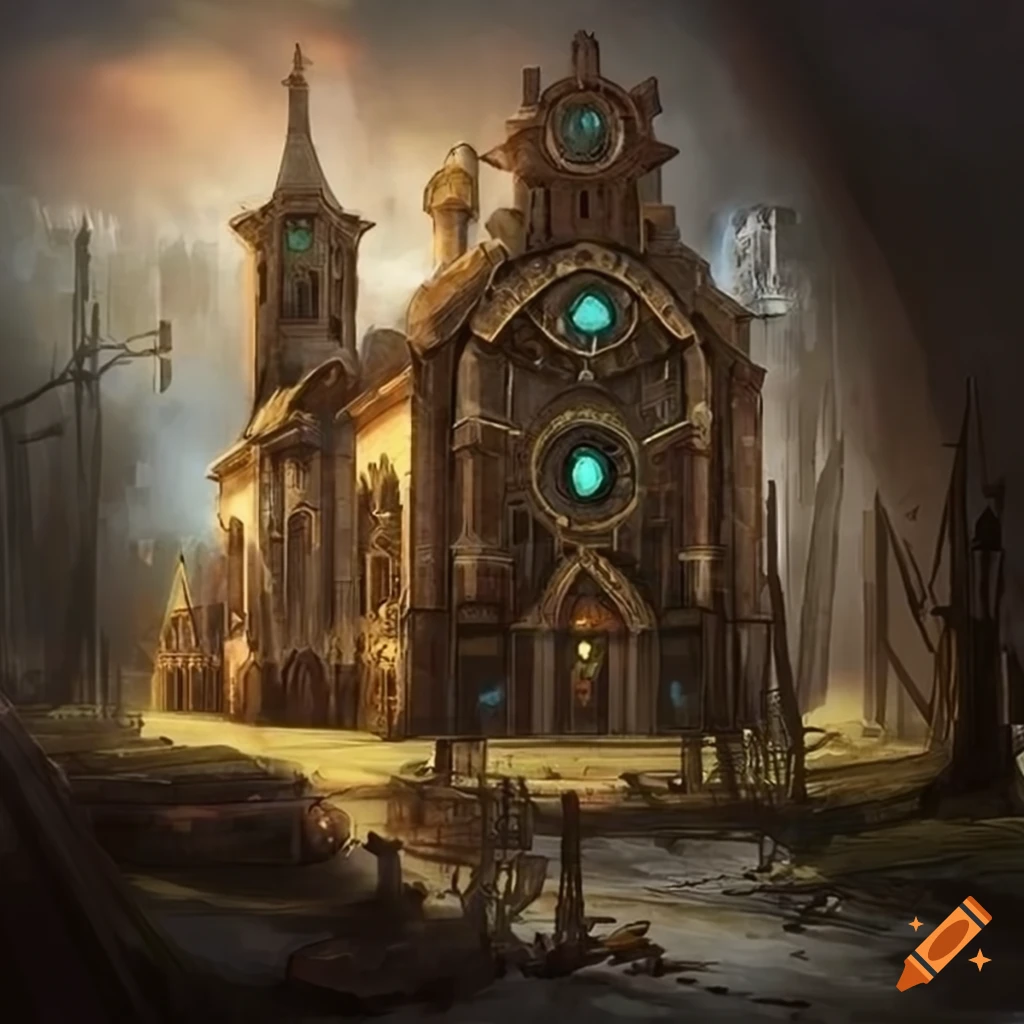 Steampunk church with detailed concept art on Craiyon