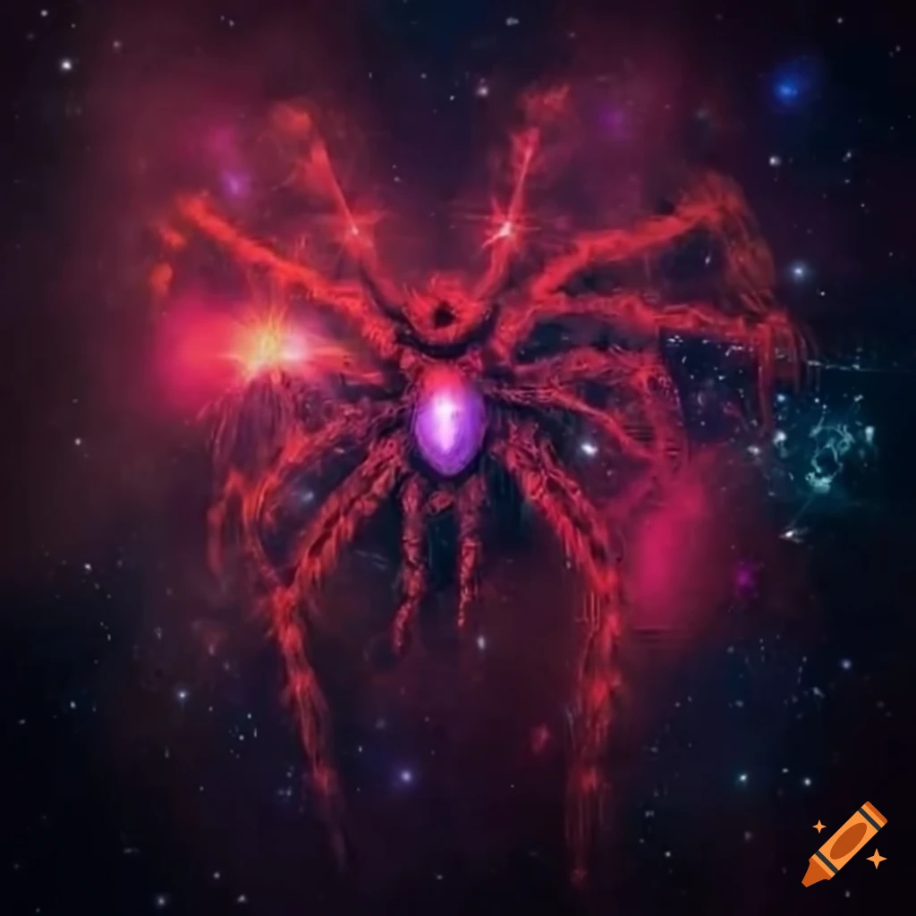 Ancient surreal cosmic spiders known as the Voidweavers with crimson ...