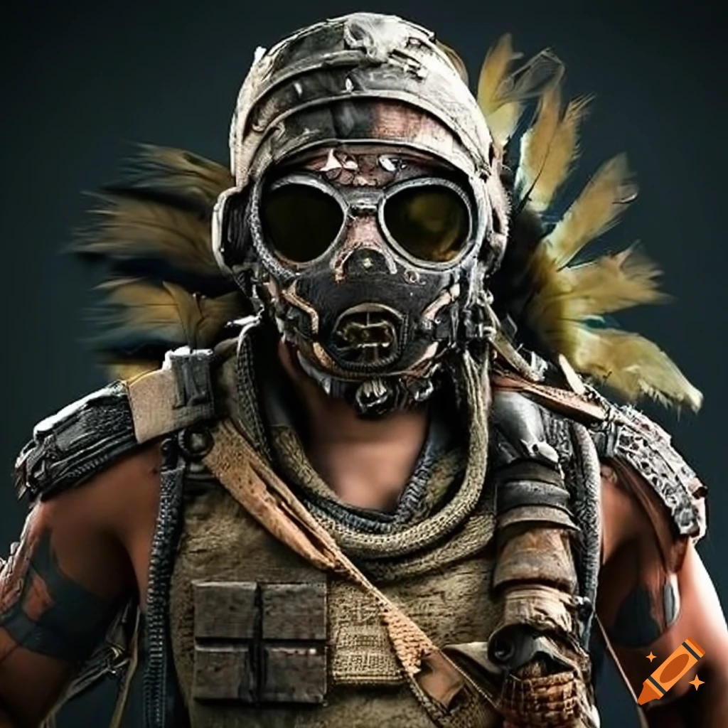 Fierce post-apocalyptic warrior in tribal gear with symbolic markings ...