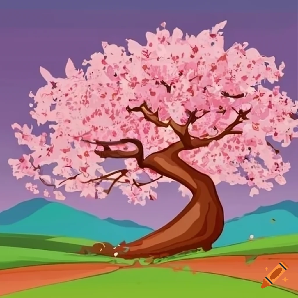 Giant peach blossom tree in cartoon style on Craiyon