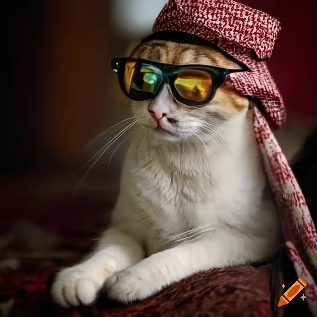 Muslim cat wearing arab cap with sunglasses on Craiyon