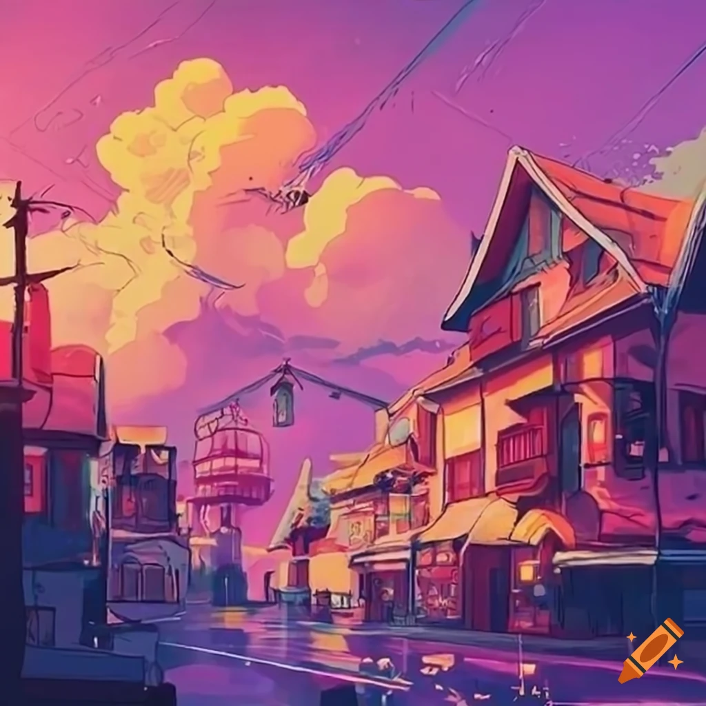 Retro anime aesthetic village scene on Craiyon