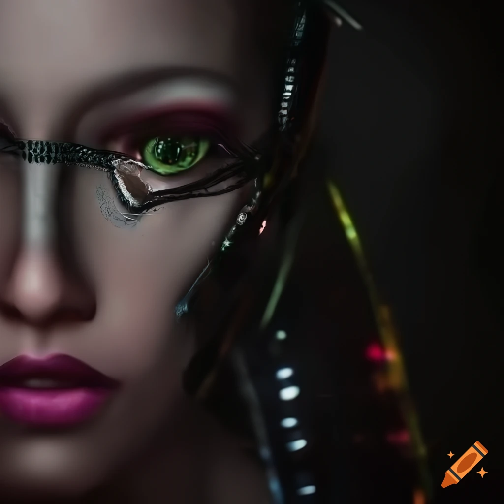 Biopunk cyborg goddess in a dark cyberpunk cityscape on Craiyon