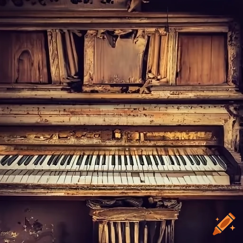 Abandoned dusty piano with ivory keys in a decaying mansion on Craiyon