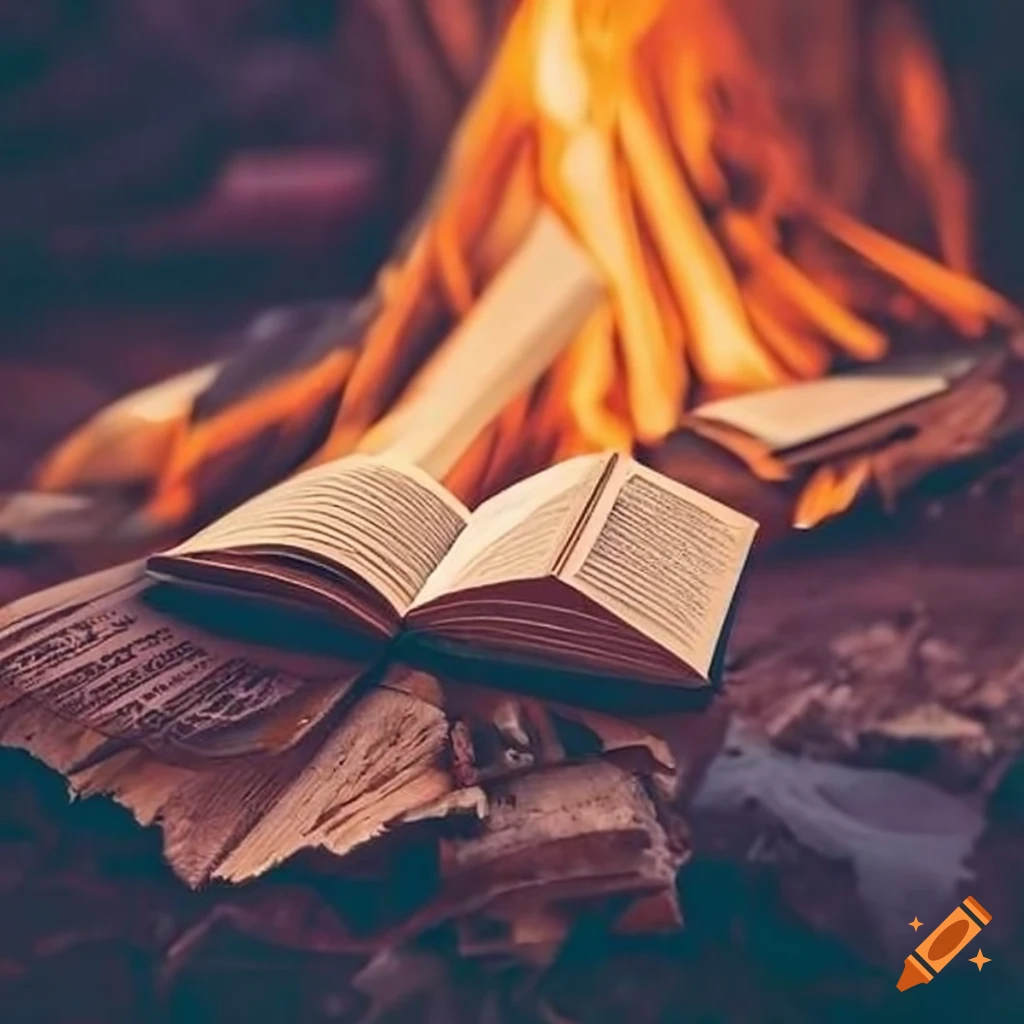 Book bonfire with a crowd of people gathering around the flames on Craiyon