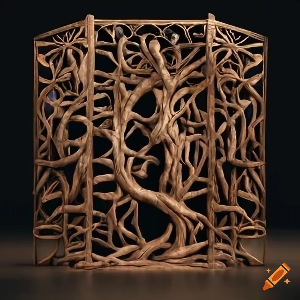 Tree sculpture with lattice work and banana tree motif in dark wood on ...