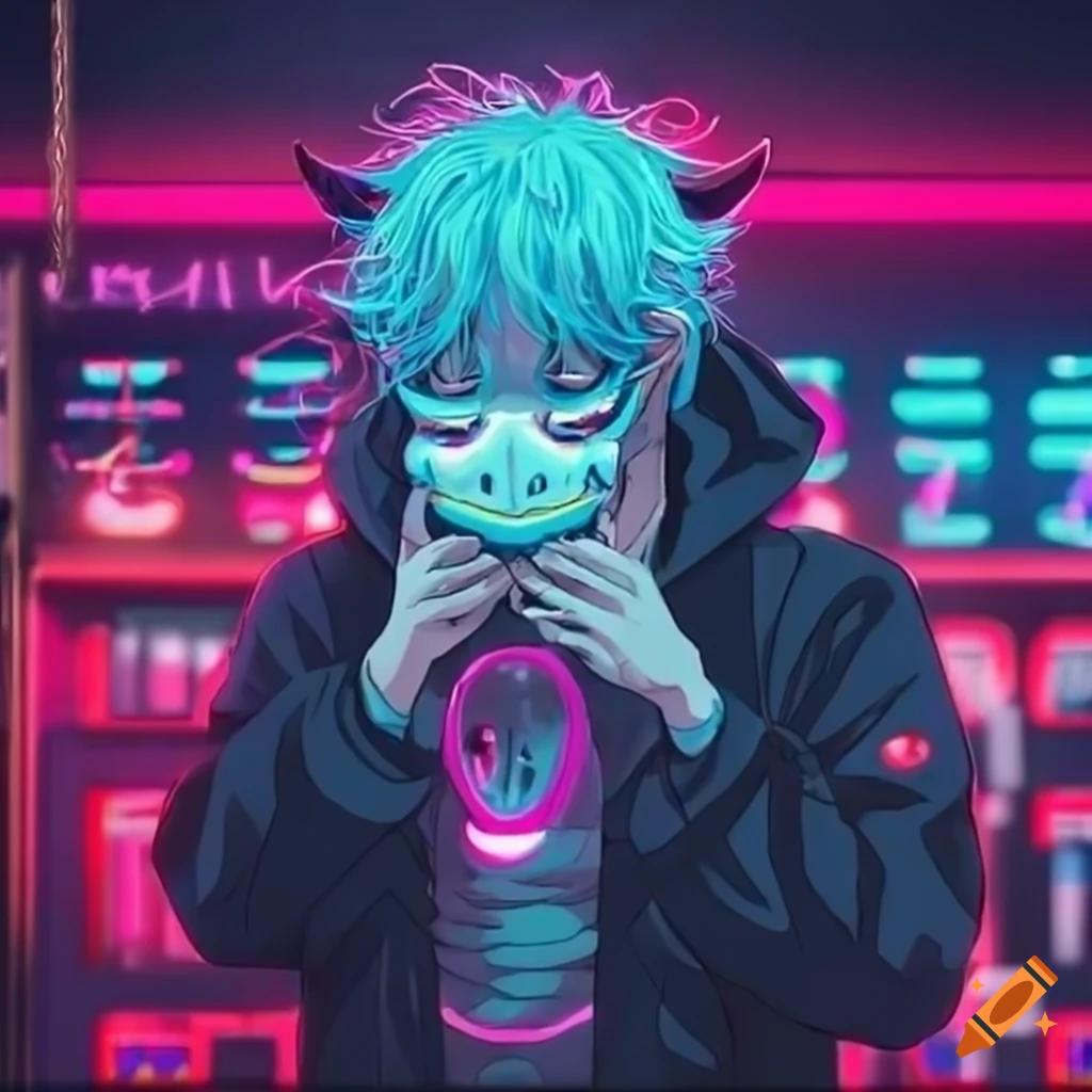 Anime guy wearing an oni mask with cyberpunk neon lights in the ...