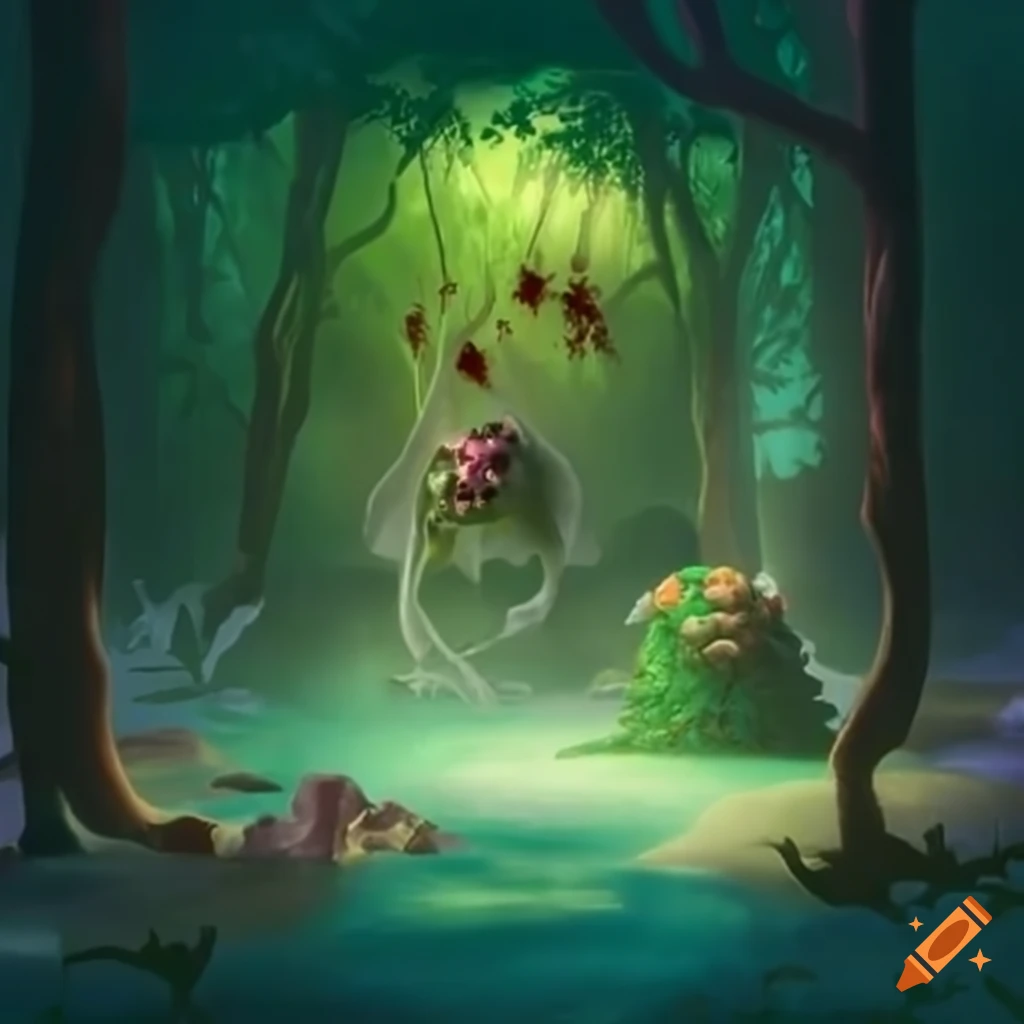 Enchanted forest scene with mythical creatures and magic elements on Craiyon