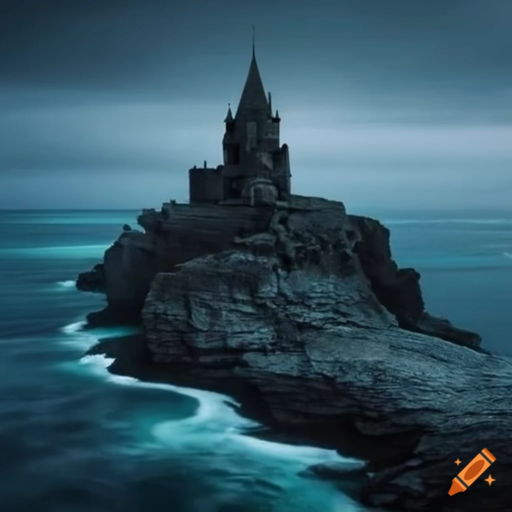 Dark castle on a cliff edge overlooking the ocean on Craiyon