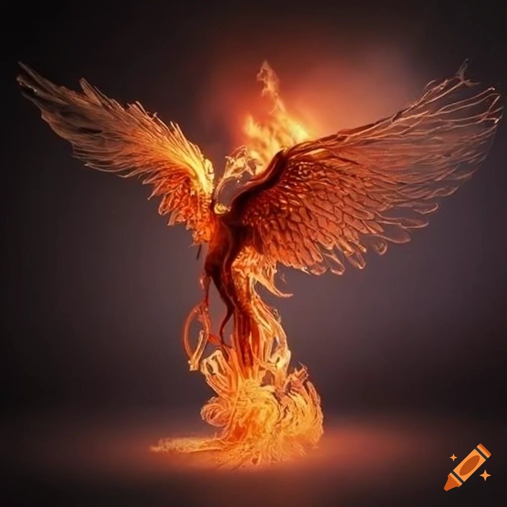 Ethereal phoenix sculpture with fire smoke and razor wire details on ...