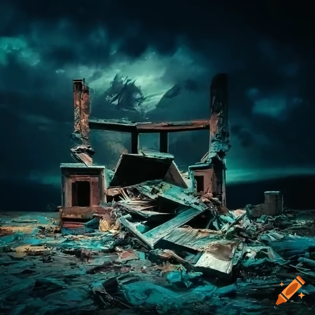 Destroyed altar in a junk garbage web in a post-apocalyptic landscape ...