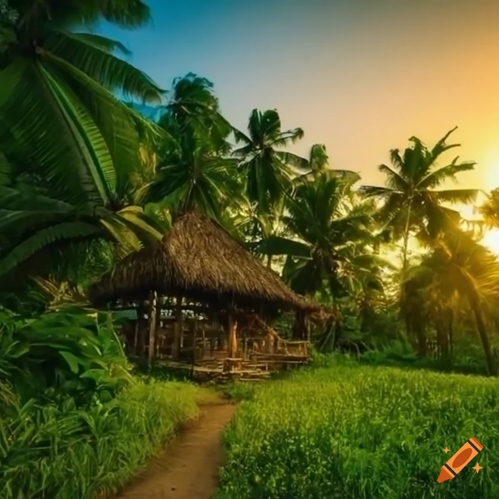 Tropical farm with banana, papaya, avocado, mango, and coconut trees ...