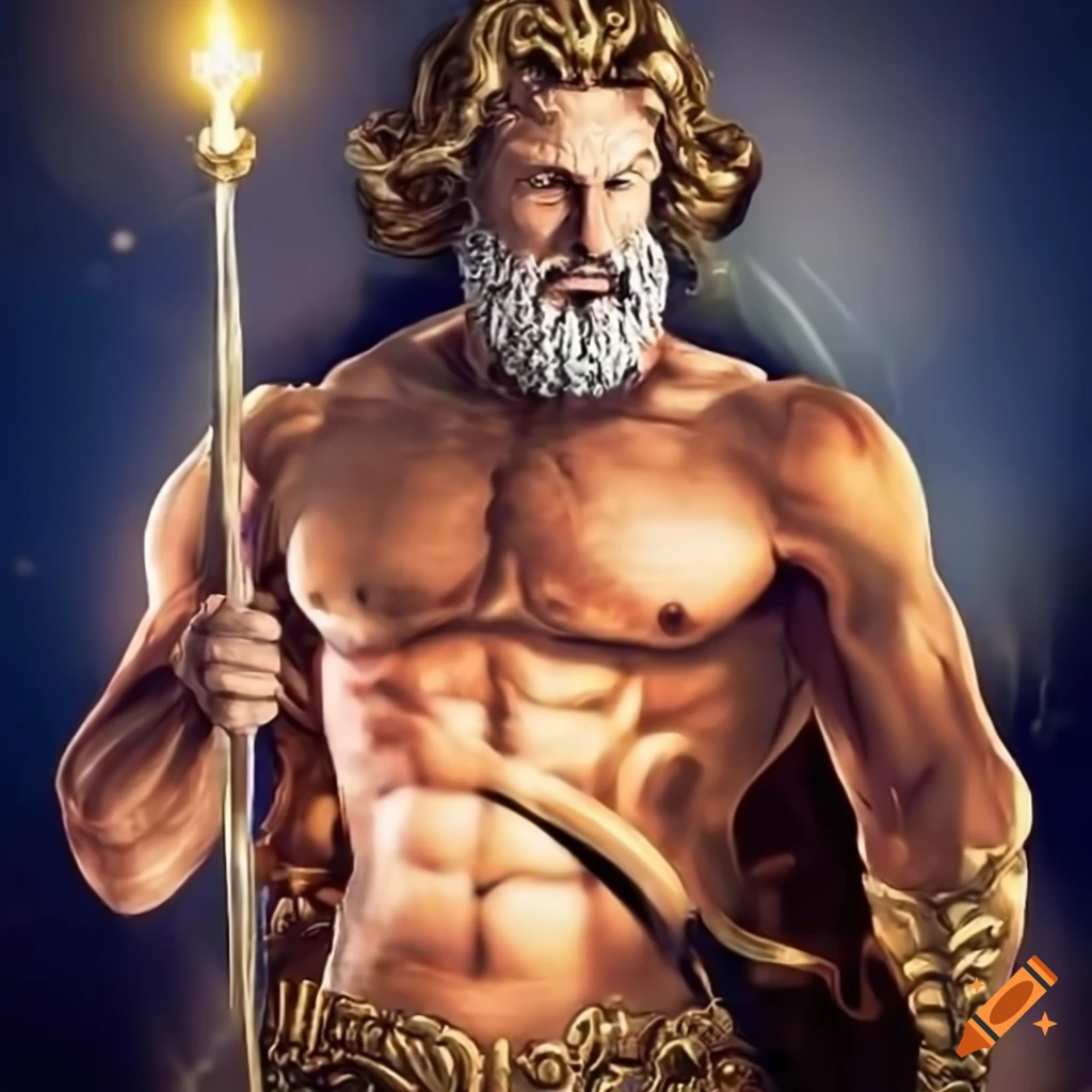 Muscular zeus god surrounded by lightning with a trident on Craiyon