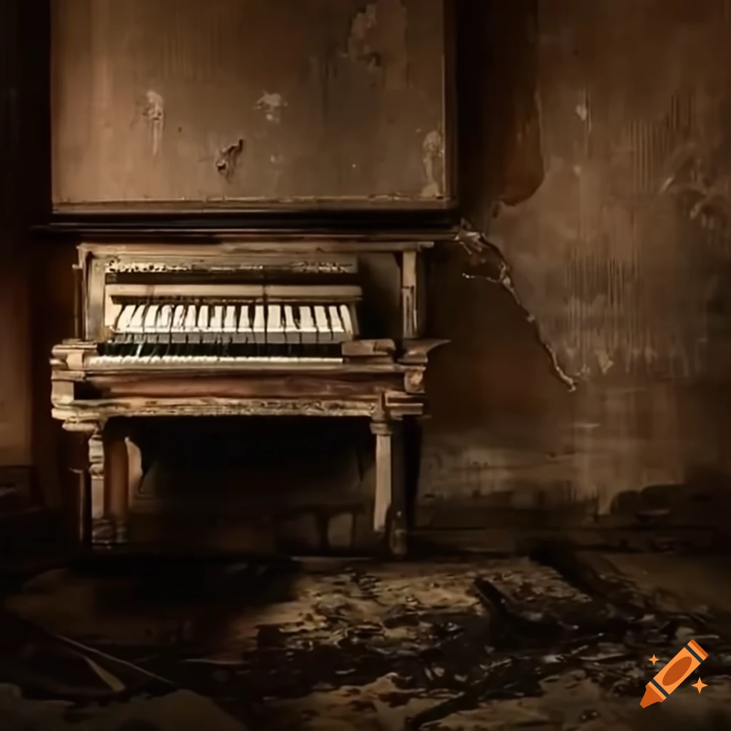 Abandoned dusty piano with ivory keys in a decaying mansion on Craiyon