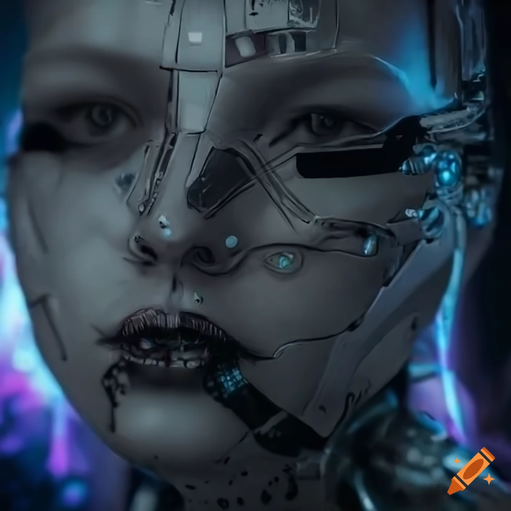 Female cyborg goddess in a dark cyberpunk cityscape on Craiyon