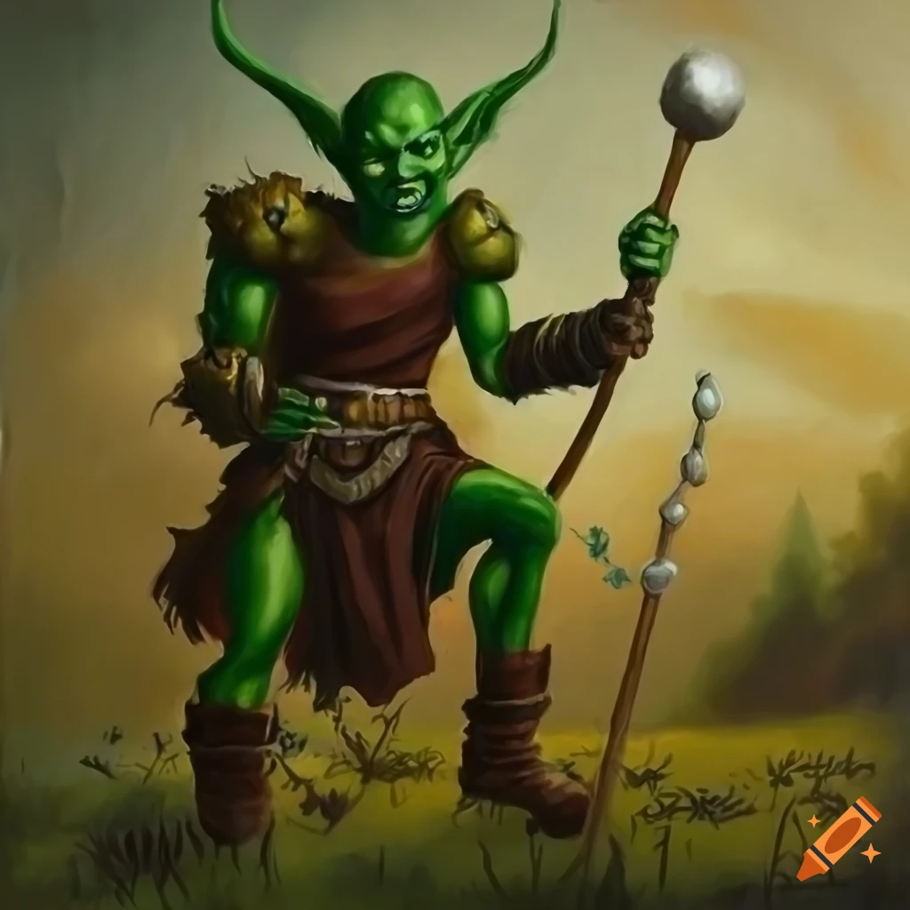 Green goblin warrior with a flail in plains oil painting on Craiyon