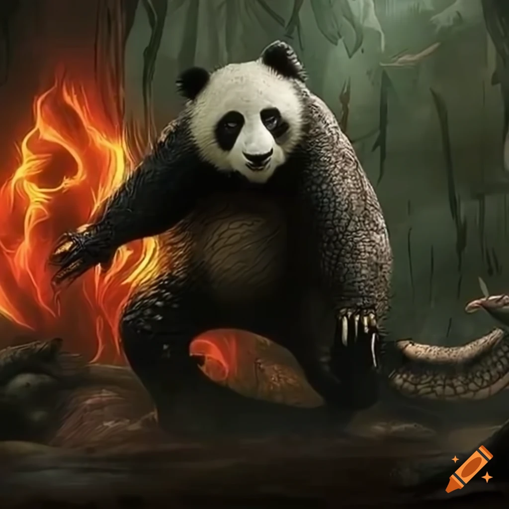 Epic and heroic combat between a war panda and a flaming crocodile on ...