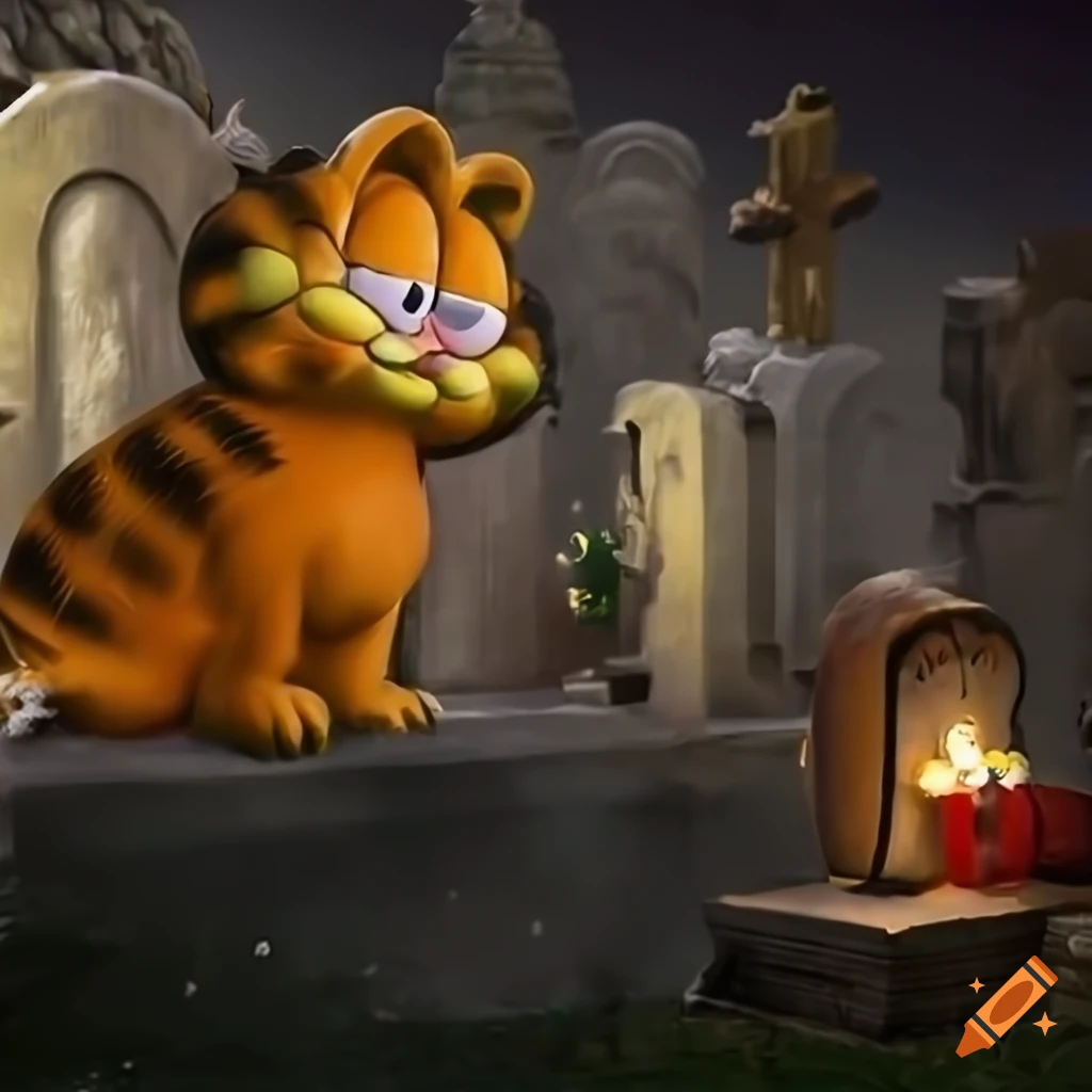 Christmas-time garfield in a cemetery realistic cgi painting on Craiyon