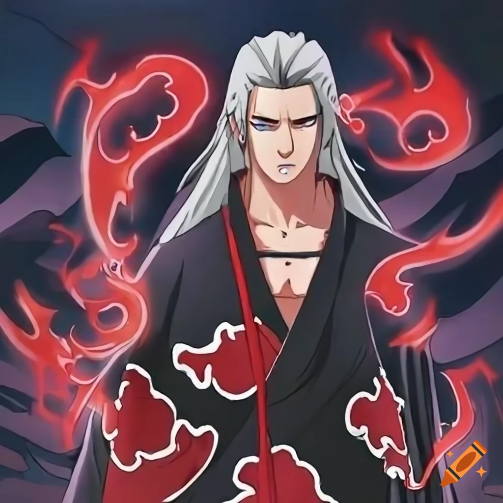 Mahito fusion of Hidan dressed as black monk Akatsuki with sword on Craiyon