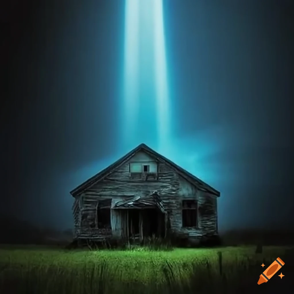 Desolate farmhouse under mysterious blue laser beam sky on Craiyon