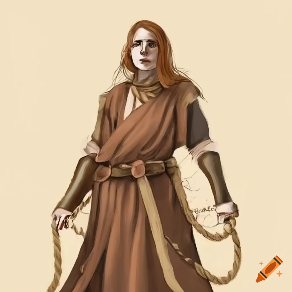 Human cleric in brown robes with wooden bangles and rope belt on Craiyon