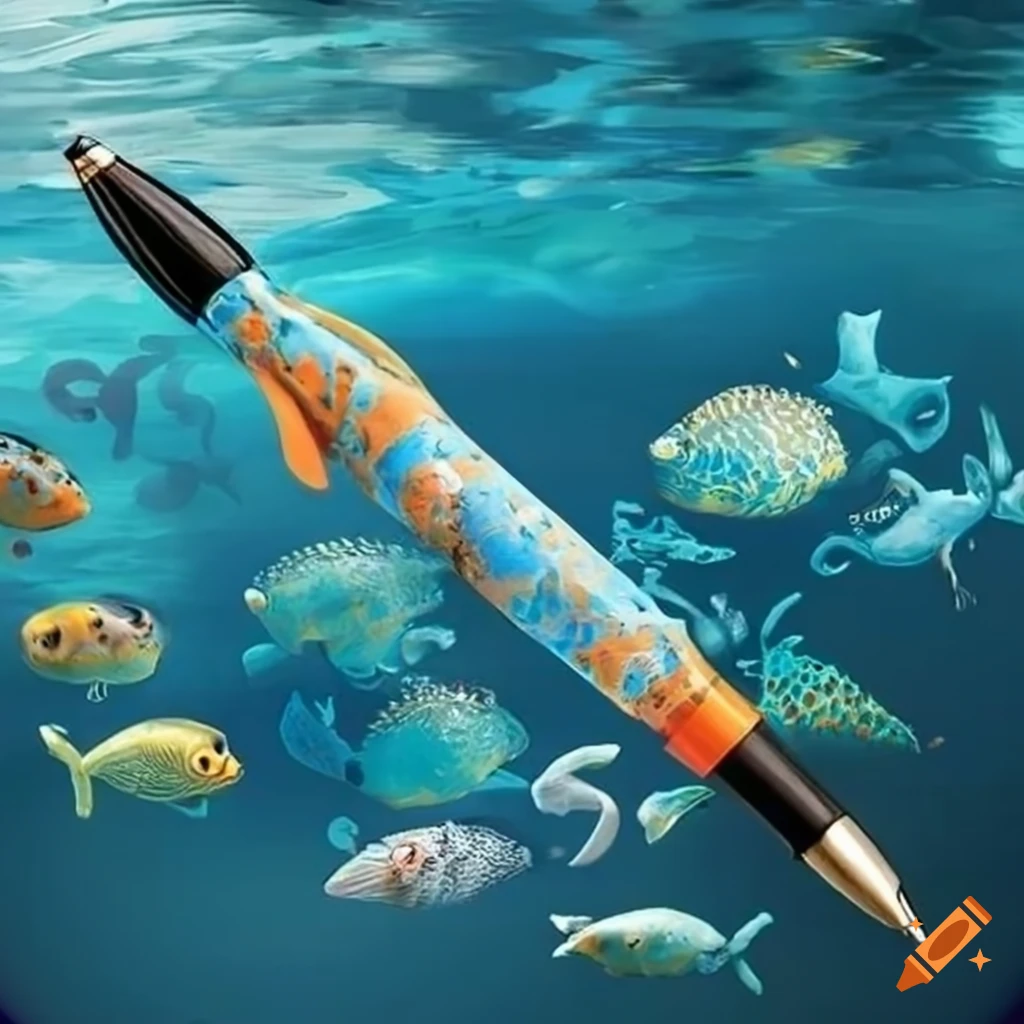 Pen with ocean theme surrounded by fish on Craiyon