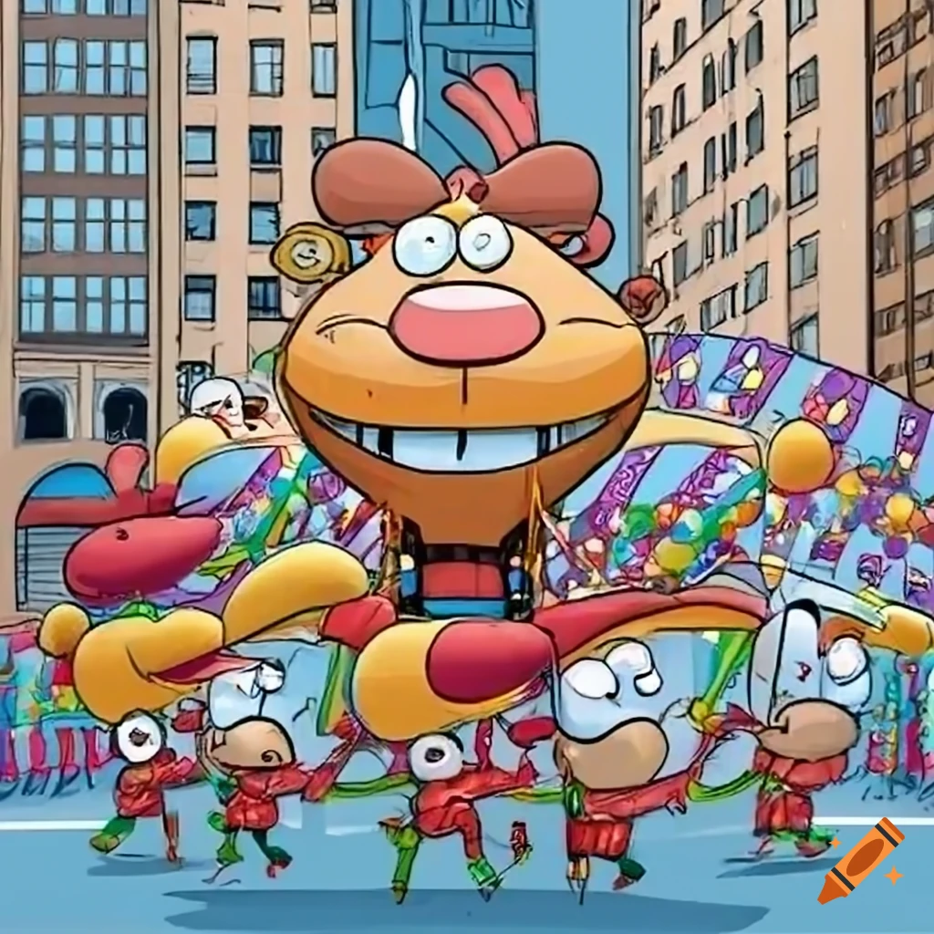 Colorful cartoon illustration of the Macy's Thanksgiving Day Parade on ...