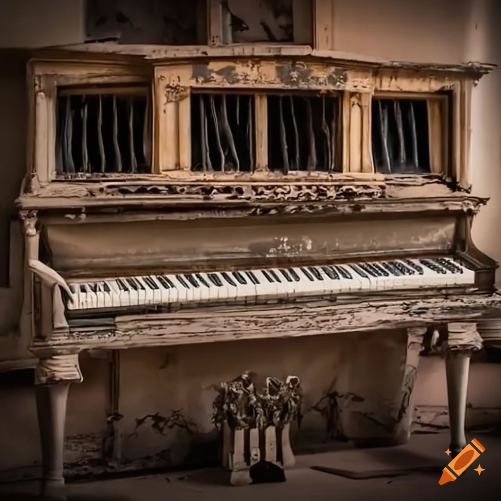 Abandoned dusty piano with ivory keys in a decaying mansion on Craiyon