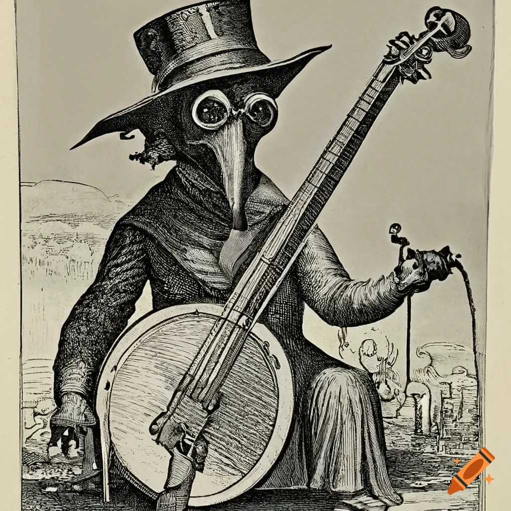 Plague doctor playing a banjo among bones in a valley on Craiyon
