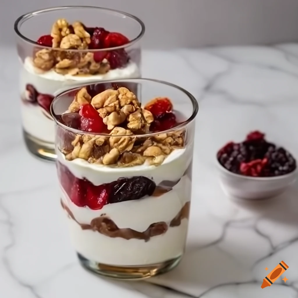Breakfast parfait with maple walnut mix on white marble countertop on ...